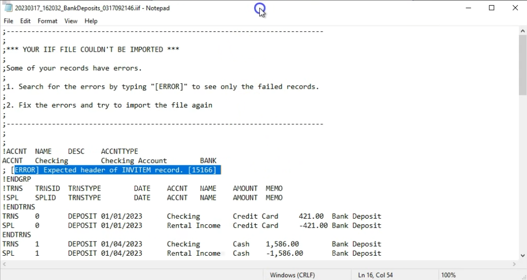 QuickBooks: [ERROR] Expected header of INVITEM record. [15166] – QuikStor