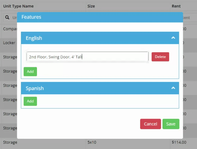 Unit Types | Add/Edit/Delete Features Displayed on Website – QuikStor